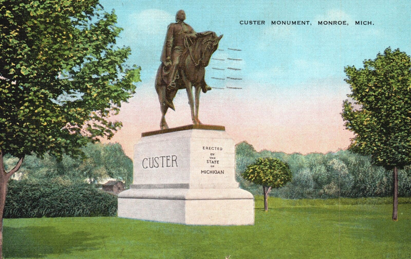 Vintage Postcard 1941 Custer Monument Statue Monroe Michigan Anton W ...