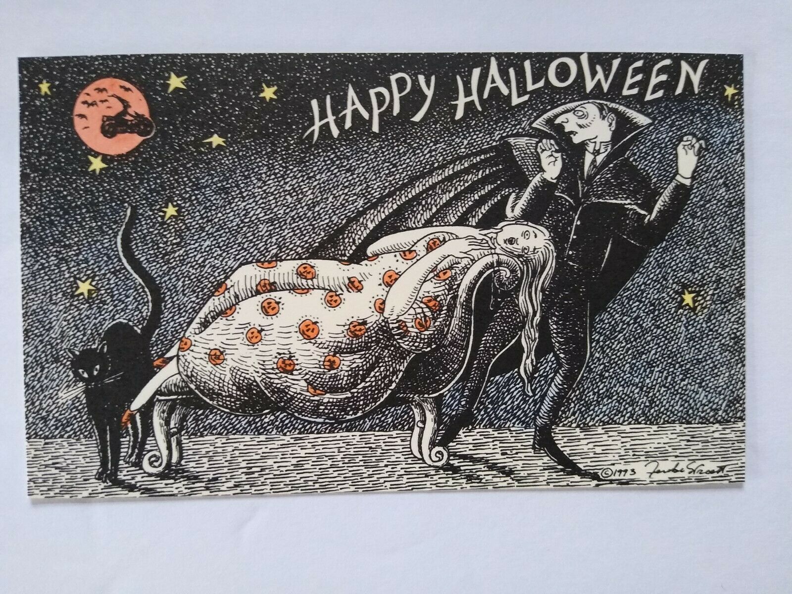 Halloween Postcard Dracula Black Cat Witch On Motorcycle Flying Rabbit ...
