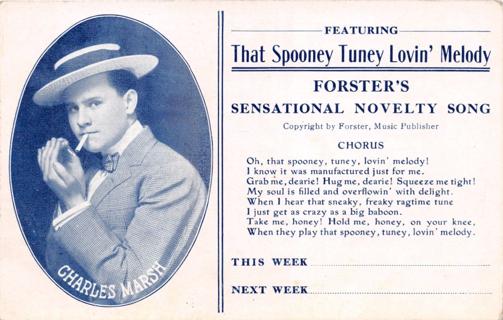 Charles Marsh Vaudeville Singer Actor~Spooney Tuney Lovin Melody Advert ...