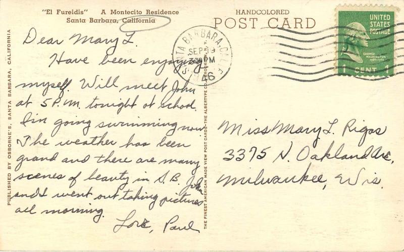 1940s Hand-Colored Postcard El Fureidis Montecito Residence Santa ...