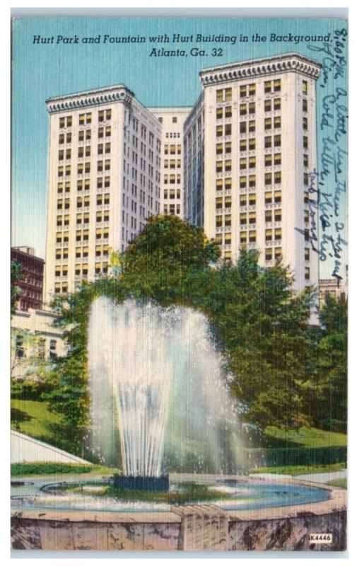 1954 Hurt Park and Fountain with Hurt Building, Atlanta, GA Postcard ...