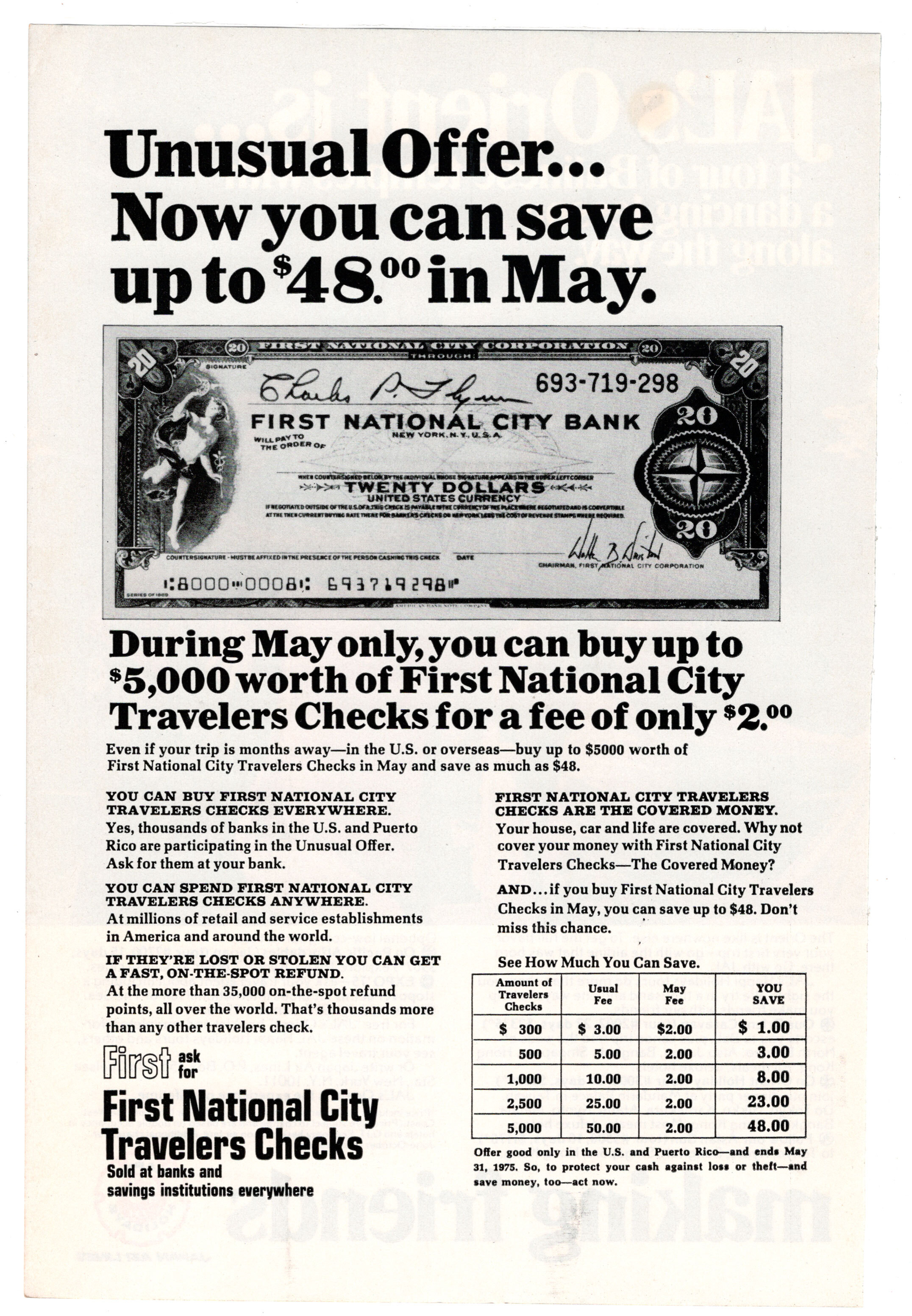 First National City Travelers Checks - 1970's Vintage Ad (Save $48.00 ...