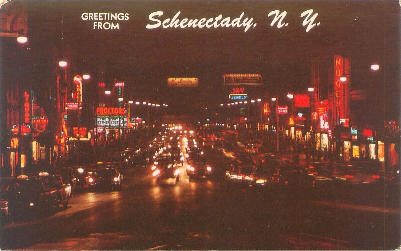 Schenectady NY State St Looking West 1950s Night View, Neon Signs, Cars ...
