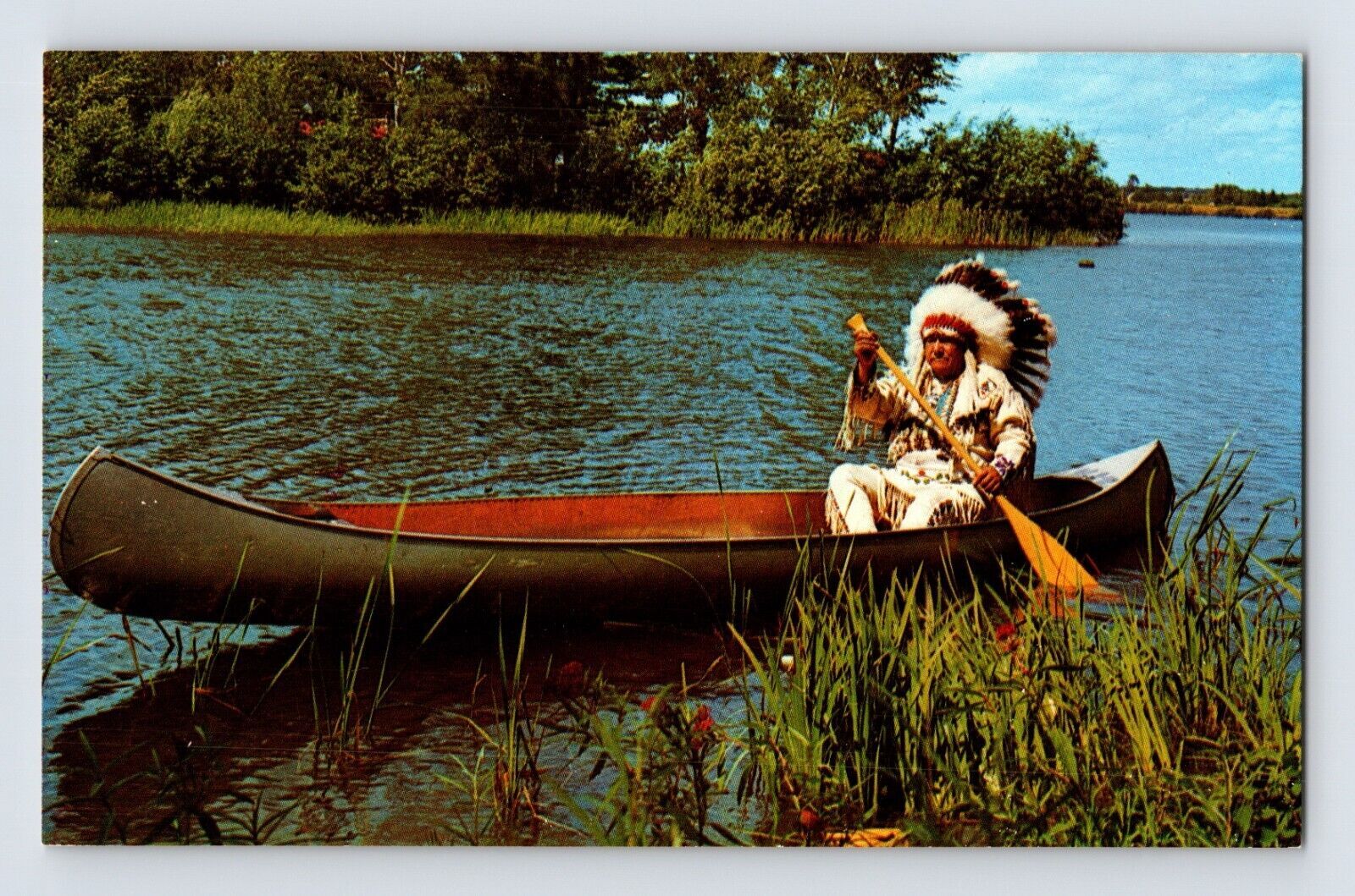 Postcard Native American Chief Canoe Head Dress 1970s Unposted Chrome ...