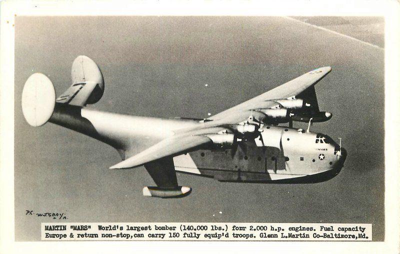 Aviation 1940s WW2 Military Mars Bomber in flight RPPC real photo ...