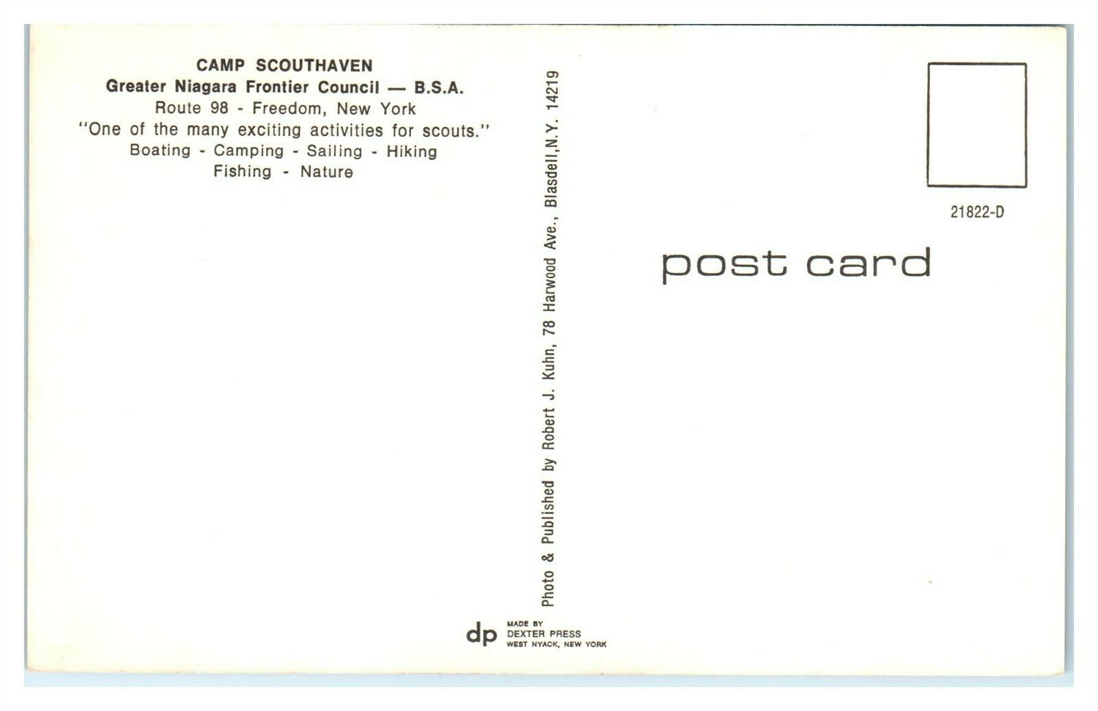 1960s/70s BSA Camp Scouthaven, Freedom, NY Boy Scouts Postcard *6S(5)12 ...