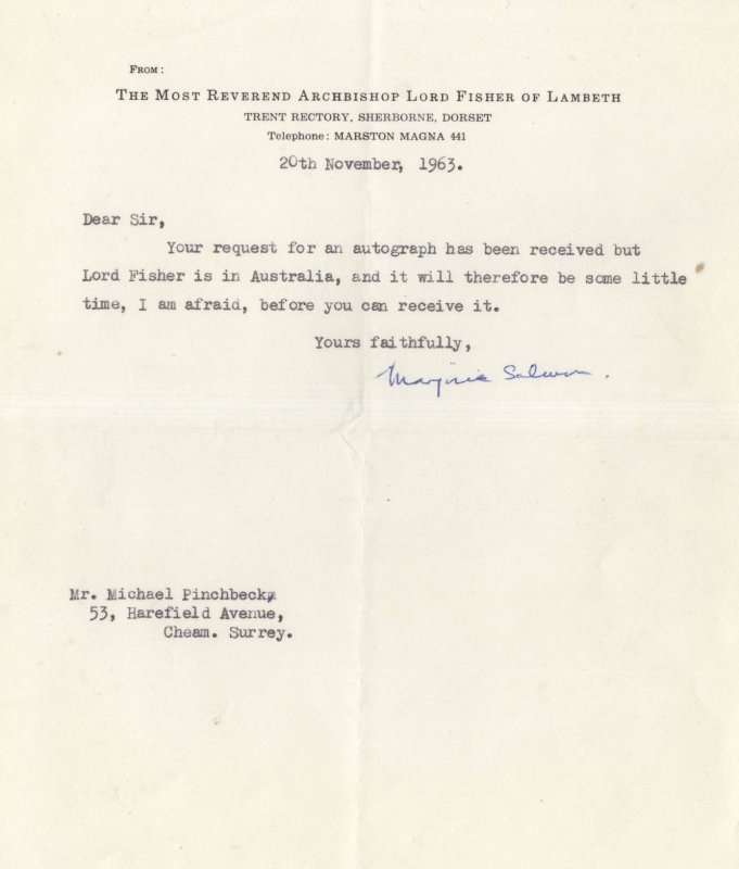 Archbishop Lord Fisher Of Lambeth Autograph Request 1963 Letter ...