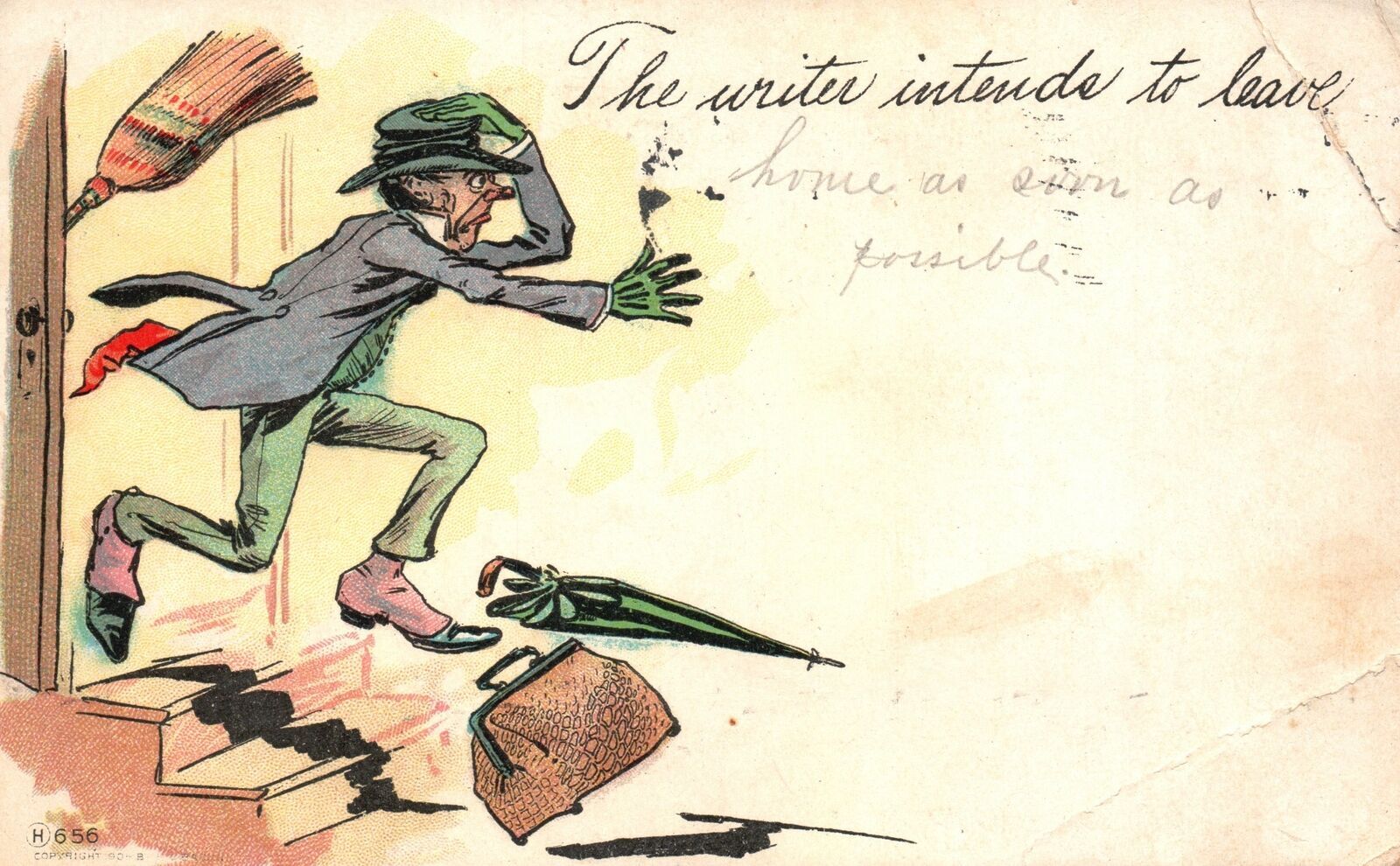 Vintage Postcard 1907 Man Chased Running Outside Broom Umbrella Bag On ...