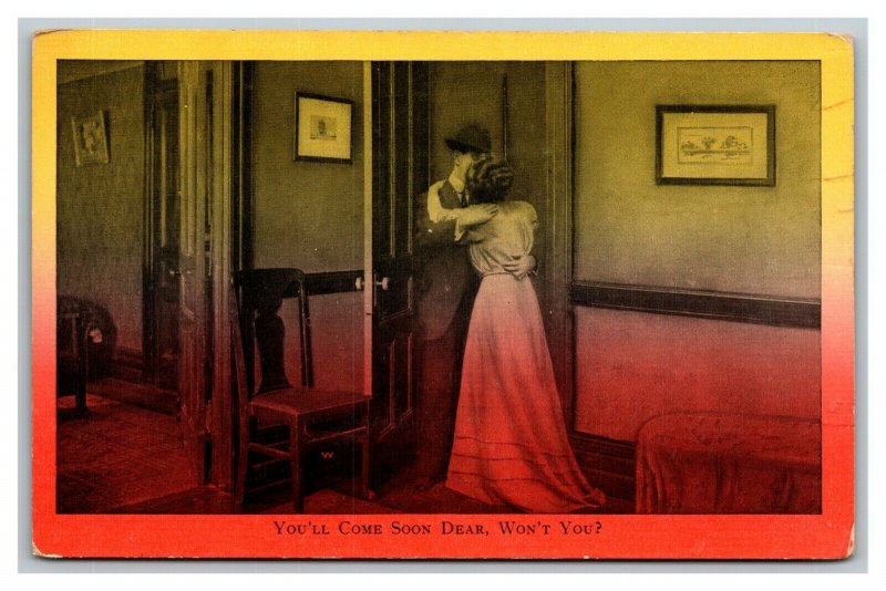 Vintage 1900's Comic Postcard Risqué Couple Kissing at the Front Door ...