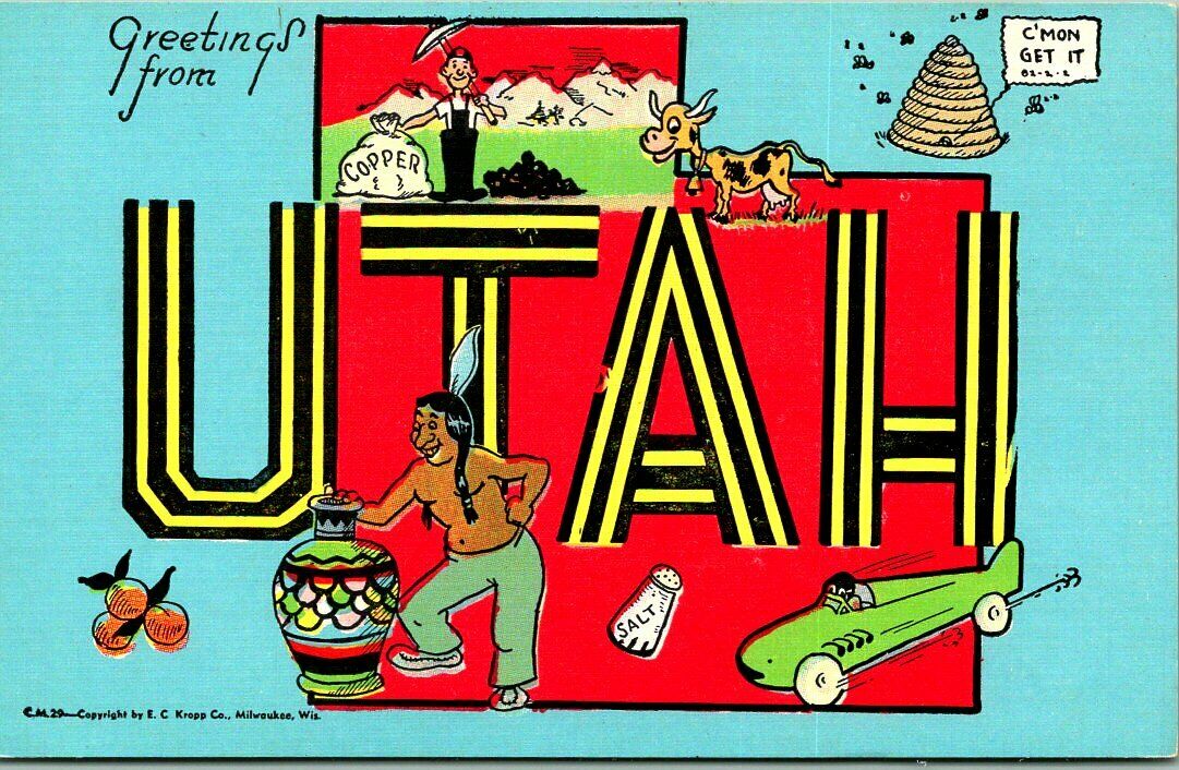 1940s UTAH State Map Outline Large Letter Postcard Comic Drawings KROPP ...