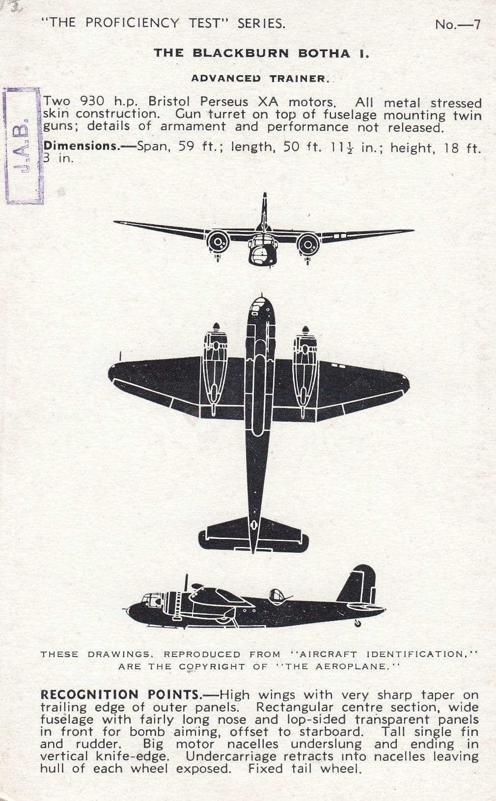Blackburn Botha 1 I WW2 Plane Aircraft Recognition Postcard | Topics ...