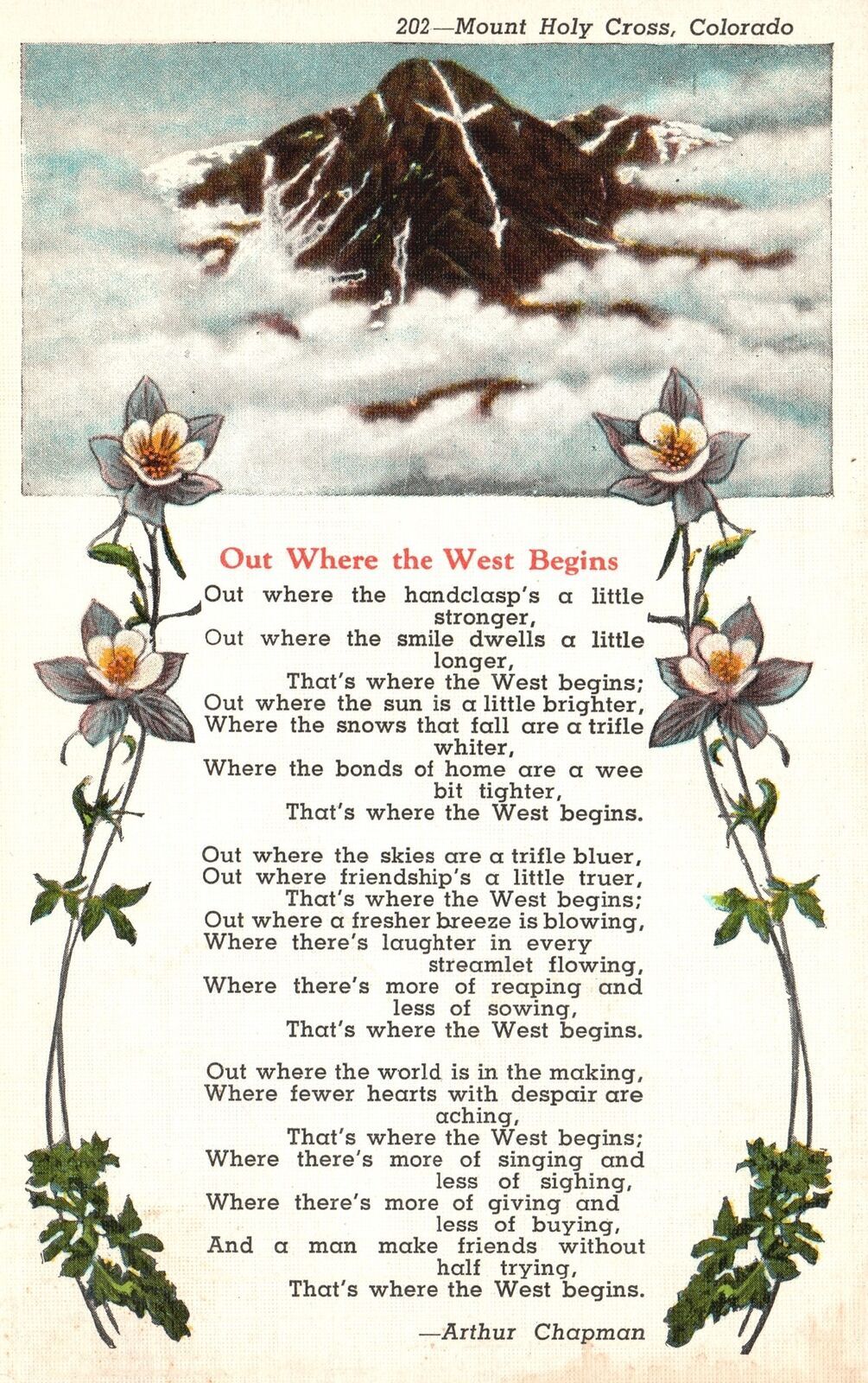 Vintage Postcard Out Where The West Begins Poem Arthur Chapman Mt. Holy ...
