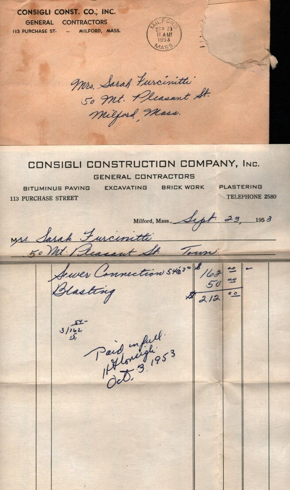1953 Consigli Construction Co. Milford Massachusetts Receipt & Envelope ...