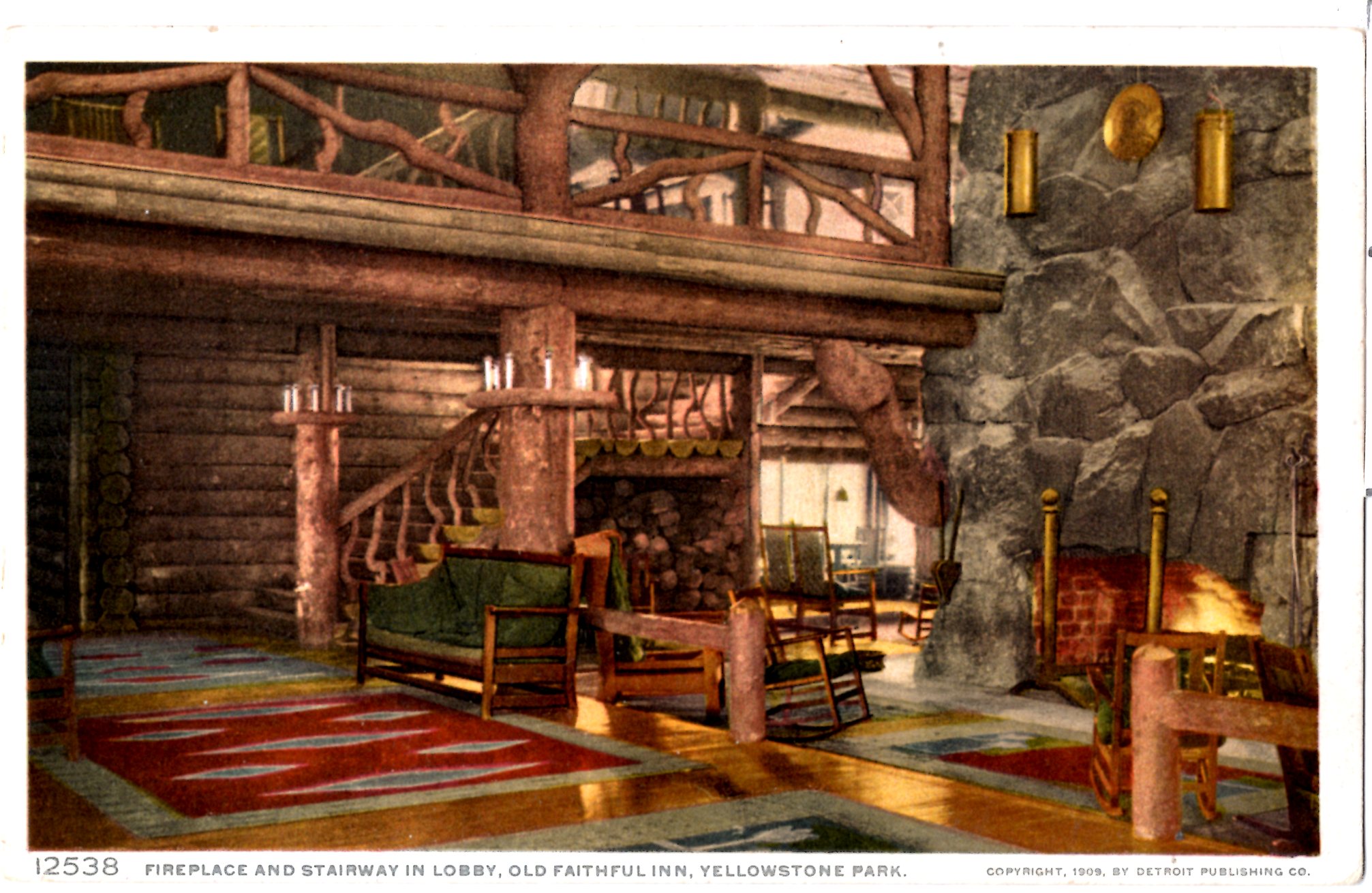 Yellowstone, Fireplace and Stairway in Lobby, OLD Faithful Inn, Divided ...