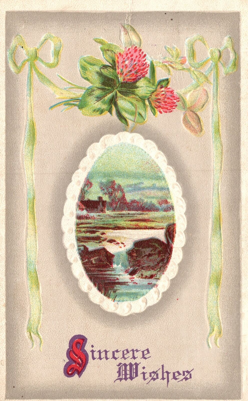 Vintage Postcard 1913 Sincere Wishes Green Ribbon Flower River Rocks ...