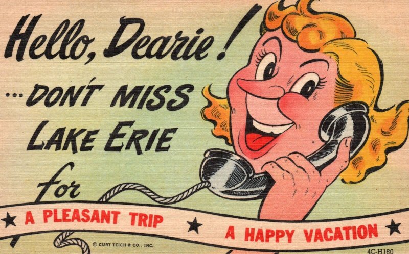 Vintage Postcard 1930's Hello Dearie! Don't Miss Lake Erie Happy ...