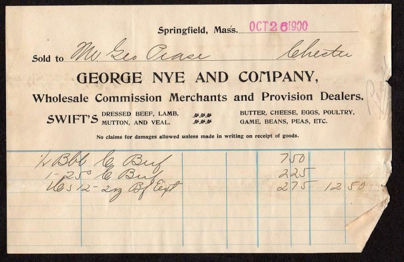 1900 Antique Billhead*George NYE & Co*Springfield Mass*Swift's Beef ...