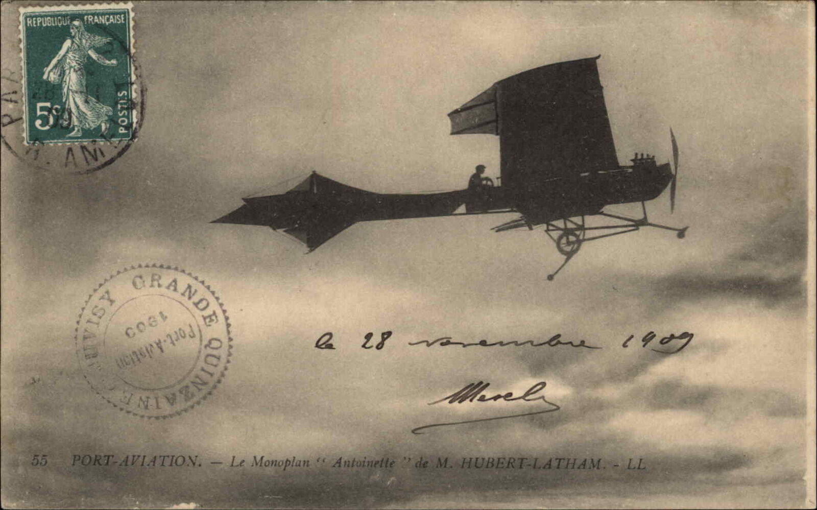 1909 French Pioneer Aviation PILOT HUBERT-LATHAM Biplan STAMP ON FRONT ...