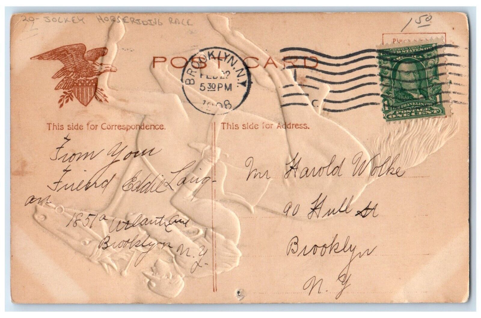 1908 Jockey Horse Riding Race Airbrushed Brooklyn New York NY Antique ...