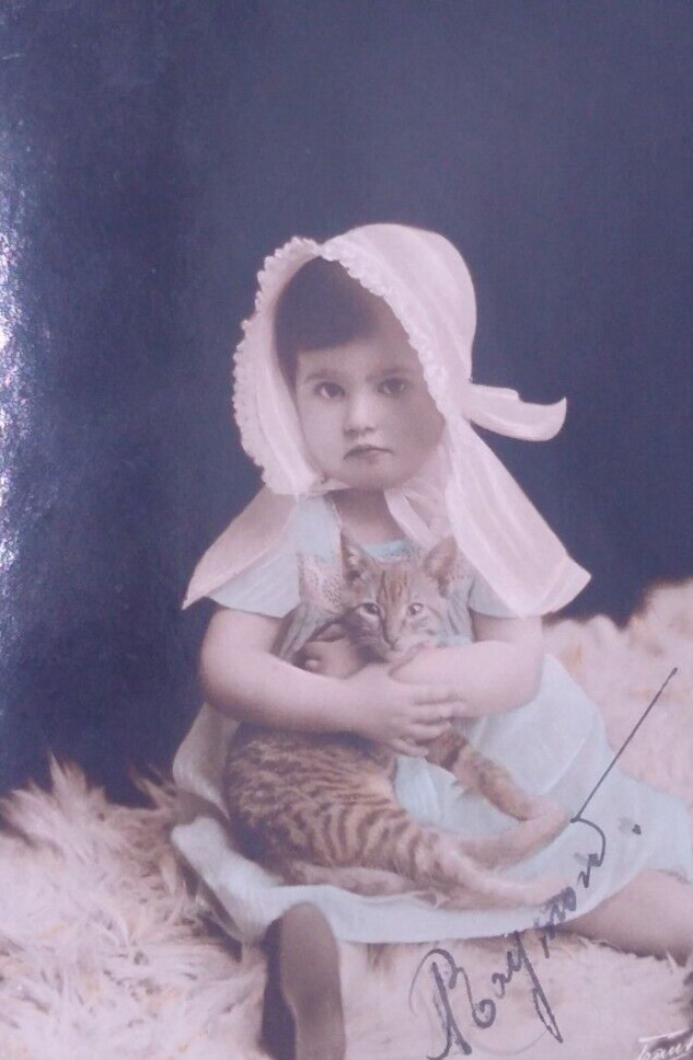 1910s Cat Kitten Child w/ Bonnet Pet RPPC Real Photo Antique Vintage ...