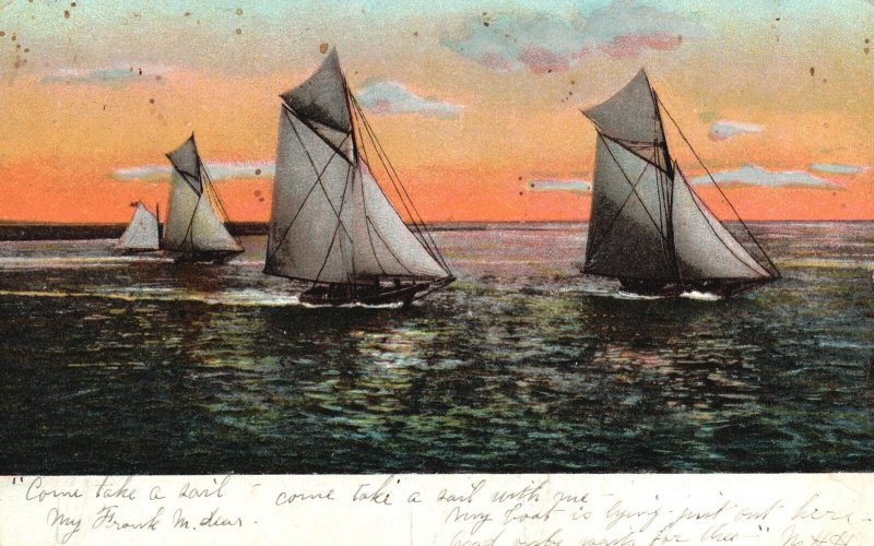 Vintage Postcard 1907 Sail Boats Ocean Adventure Sunset Illustrated ...