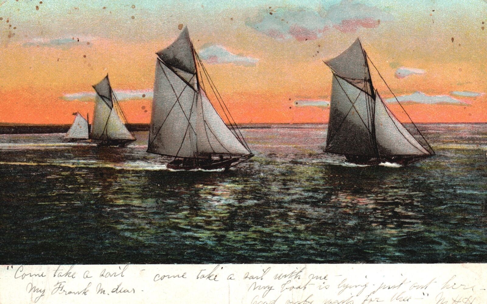 Vintage Postcard 1907 Sail Boats Ocean Adventure Sunset Illustrated ...