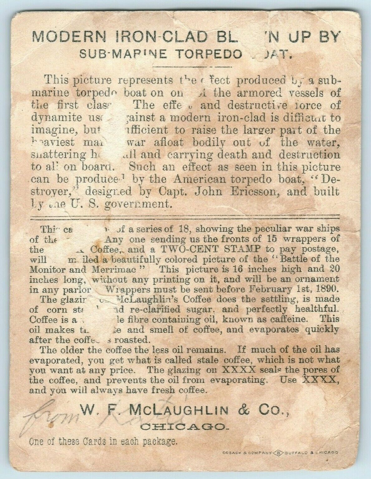 1890's Capt. John Ericsson Navy USS Destroyer Submarine Attack Trade ...