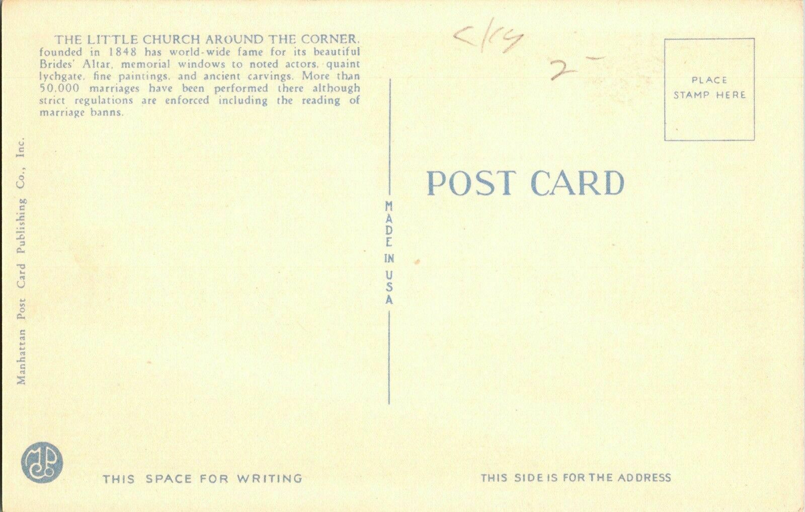 Little Church New York City Linen Postcard Brides Altar Unused Unposted ...
