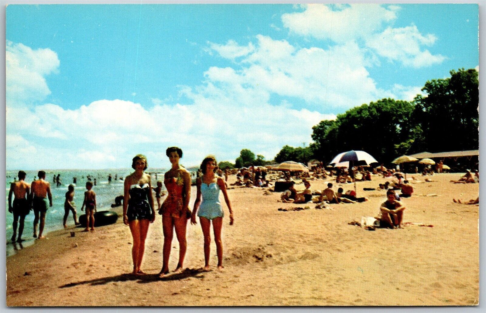 Vtg Greetings from Flint MI Beach Scene River Women Bathing Suits 1950s ...