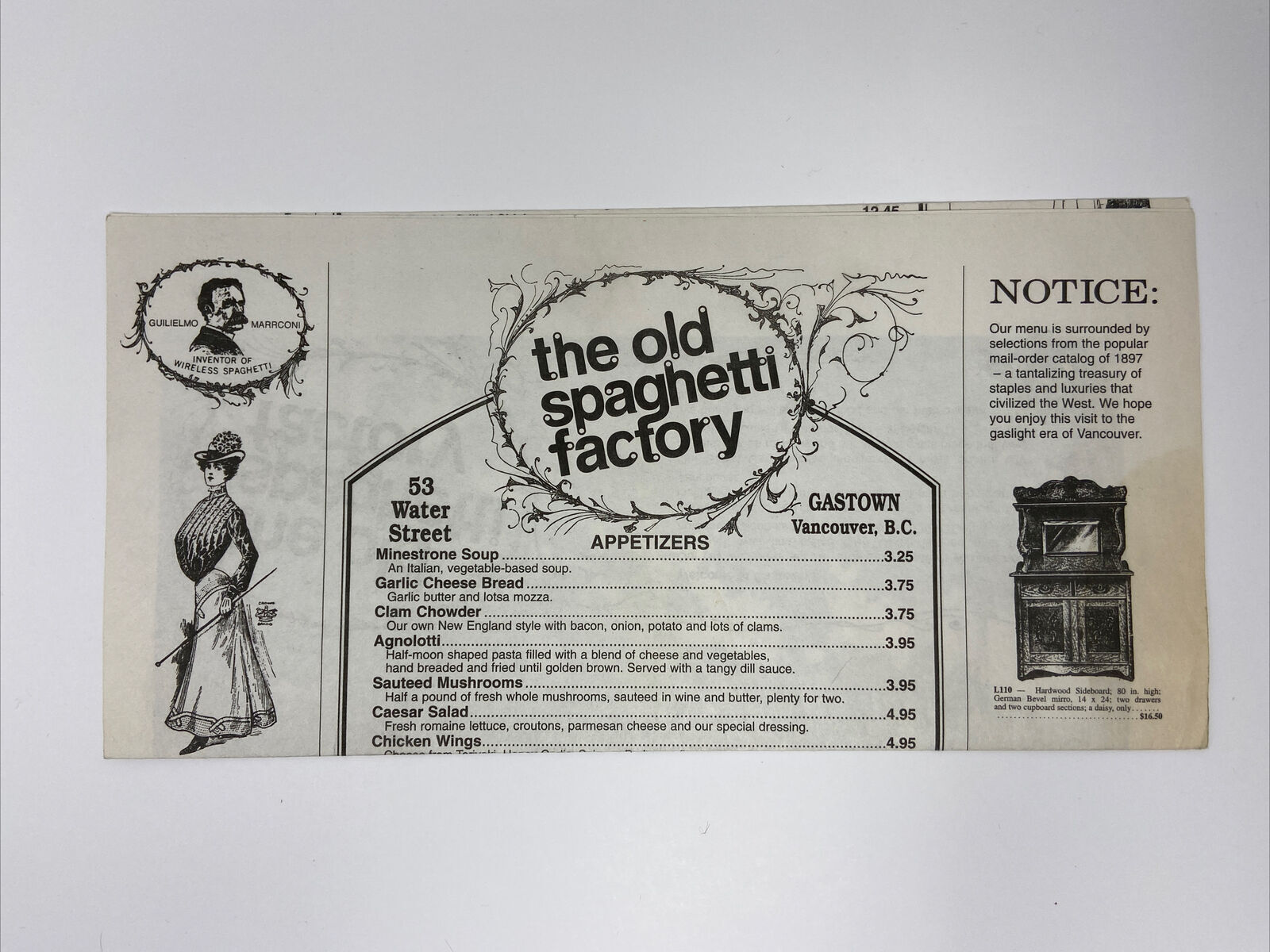 Vintage The Old Spaghetti Factory Paper Menu Gastown Vancouver BC ...