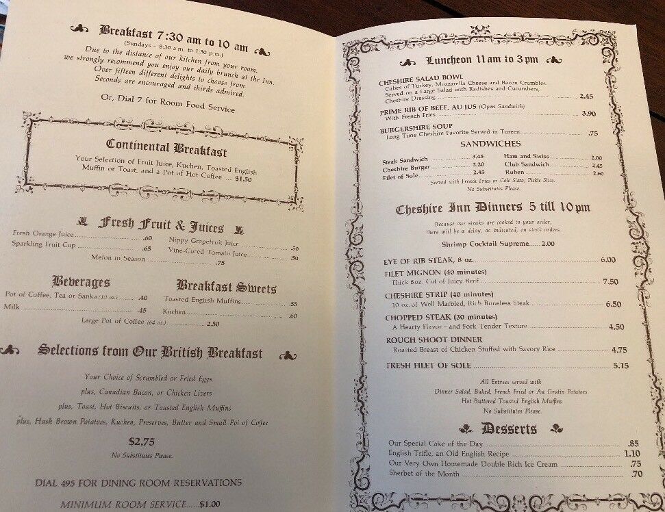 Vintage 60s CHESHIRE INN & LODGE Room Service Menu St. Louis Missouri ...