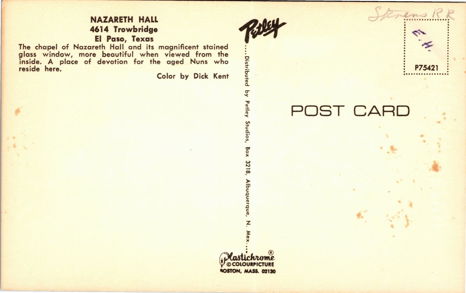 Vintage Standard Size Postcard the Chapel of Nazareth Hall at EI Paso ...