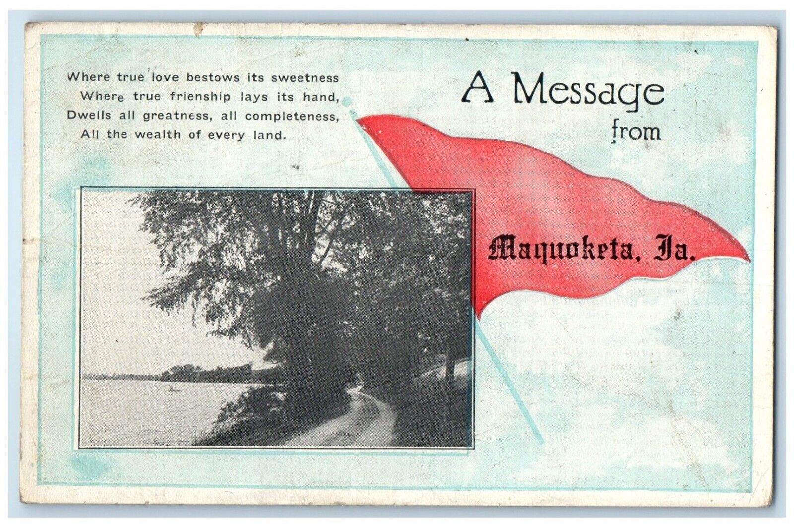1921 A Message From Maquoketa Iowa Pennant Poem Trees Vintage Antique ...