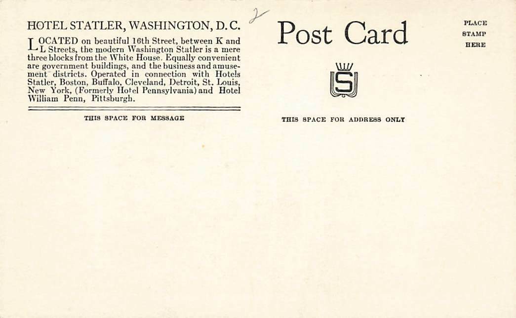 Postcard Hotel Statler Washington DC.Drawing Airplane | United States ...