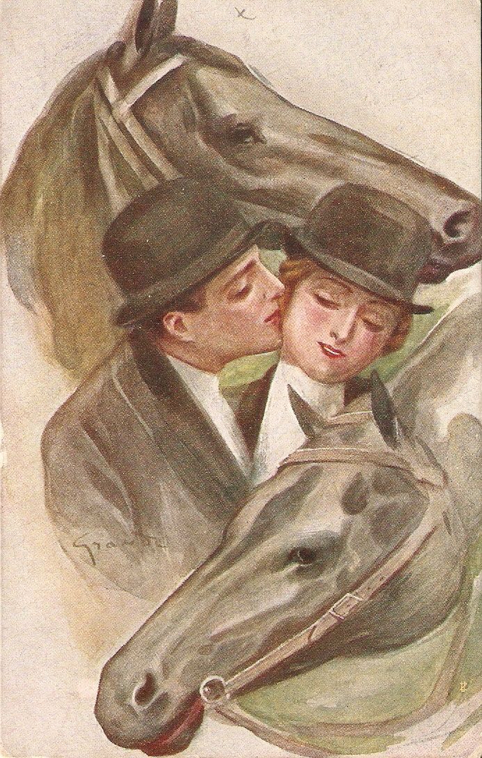 "Couple. Romance with their horses" Old vintage Italian, artist signed ...