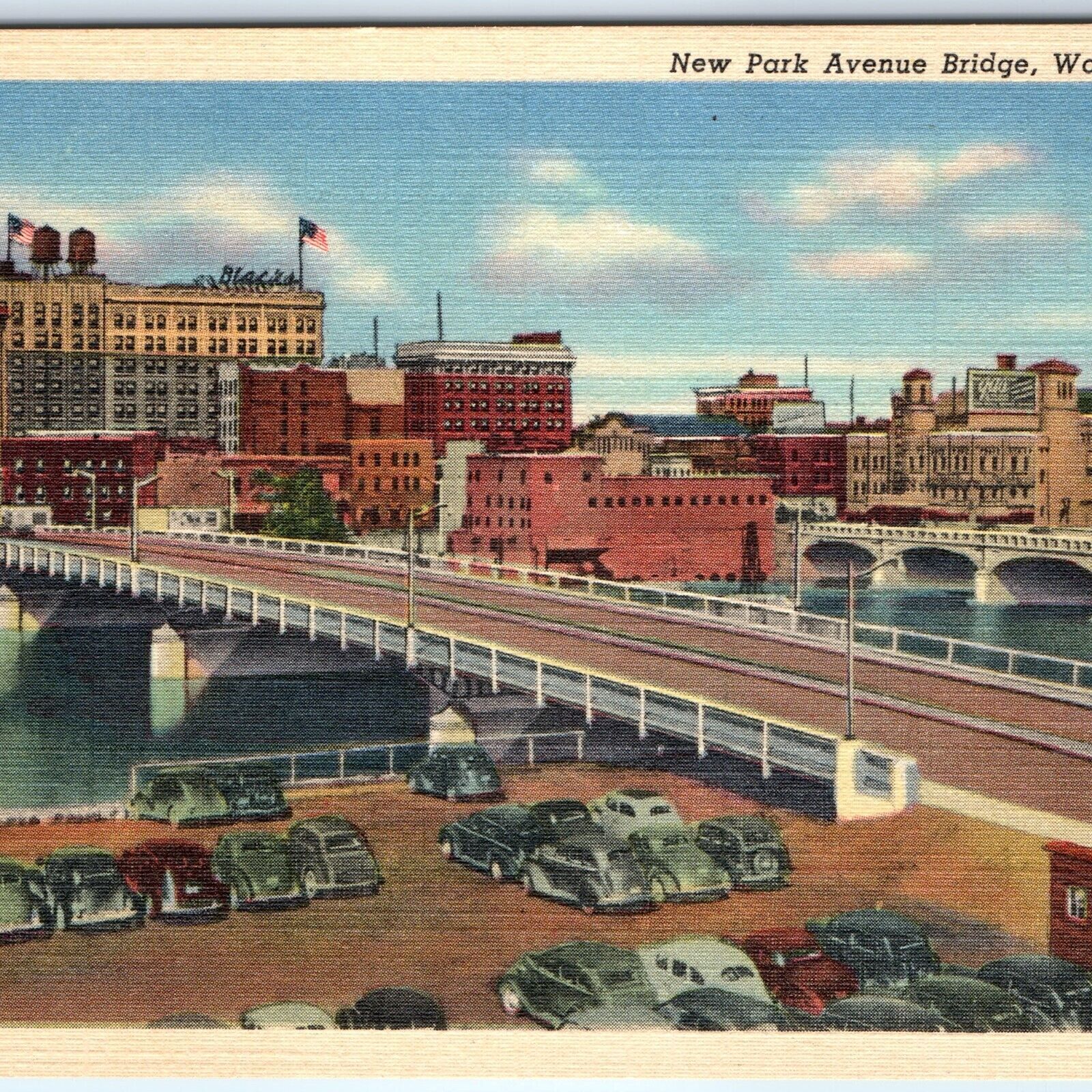 c1940s Waterloo IA Downtown New Park Avenue Bridge Linen Blacks Water ...