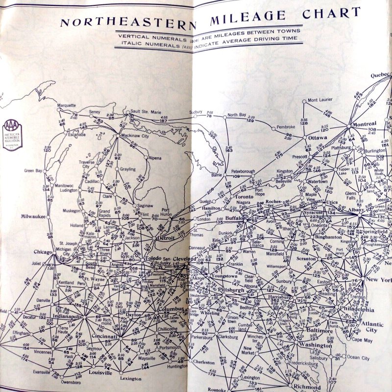1957 Northeastern States AAA Travel Road Map Mileage Chart With Driving ...