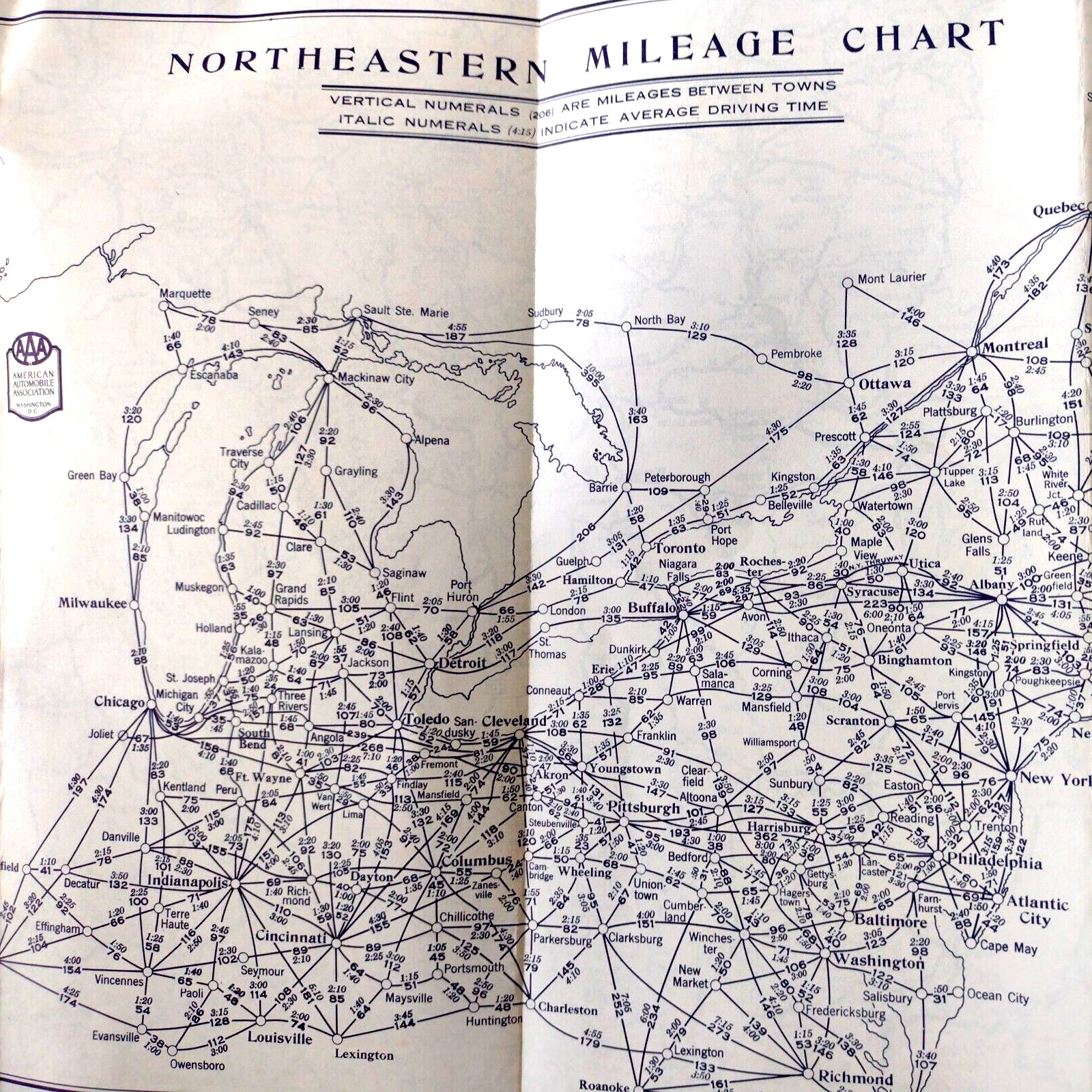 1957 Northeastern States AAA Travel Road Map Mileage Chart With Driving ...