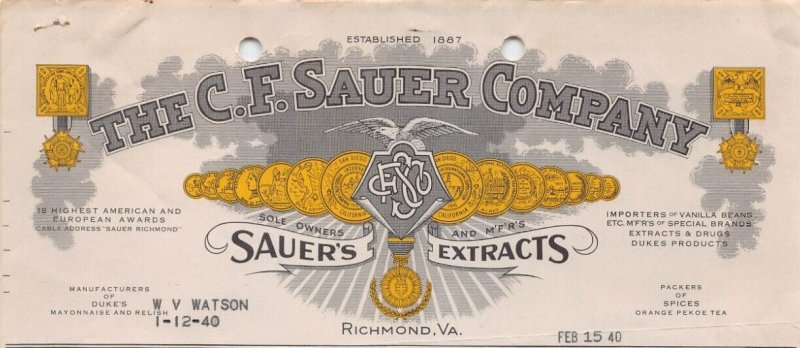 Richmond Virginia Va~C F Sauer Co-Dukes Mayonaise-Extracts-Drugs-1940 ...