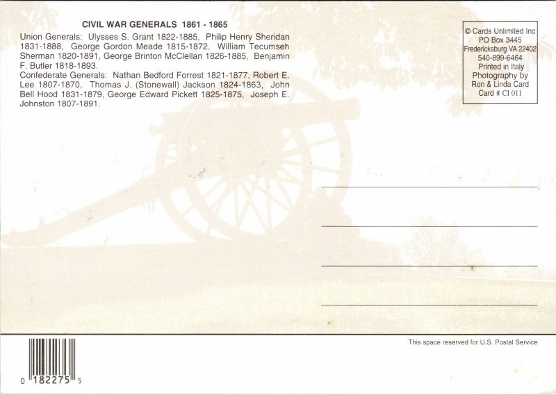 Vintage Continental Size Postcard Civil WAR Generals (1861-1865 ...