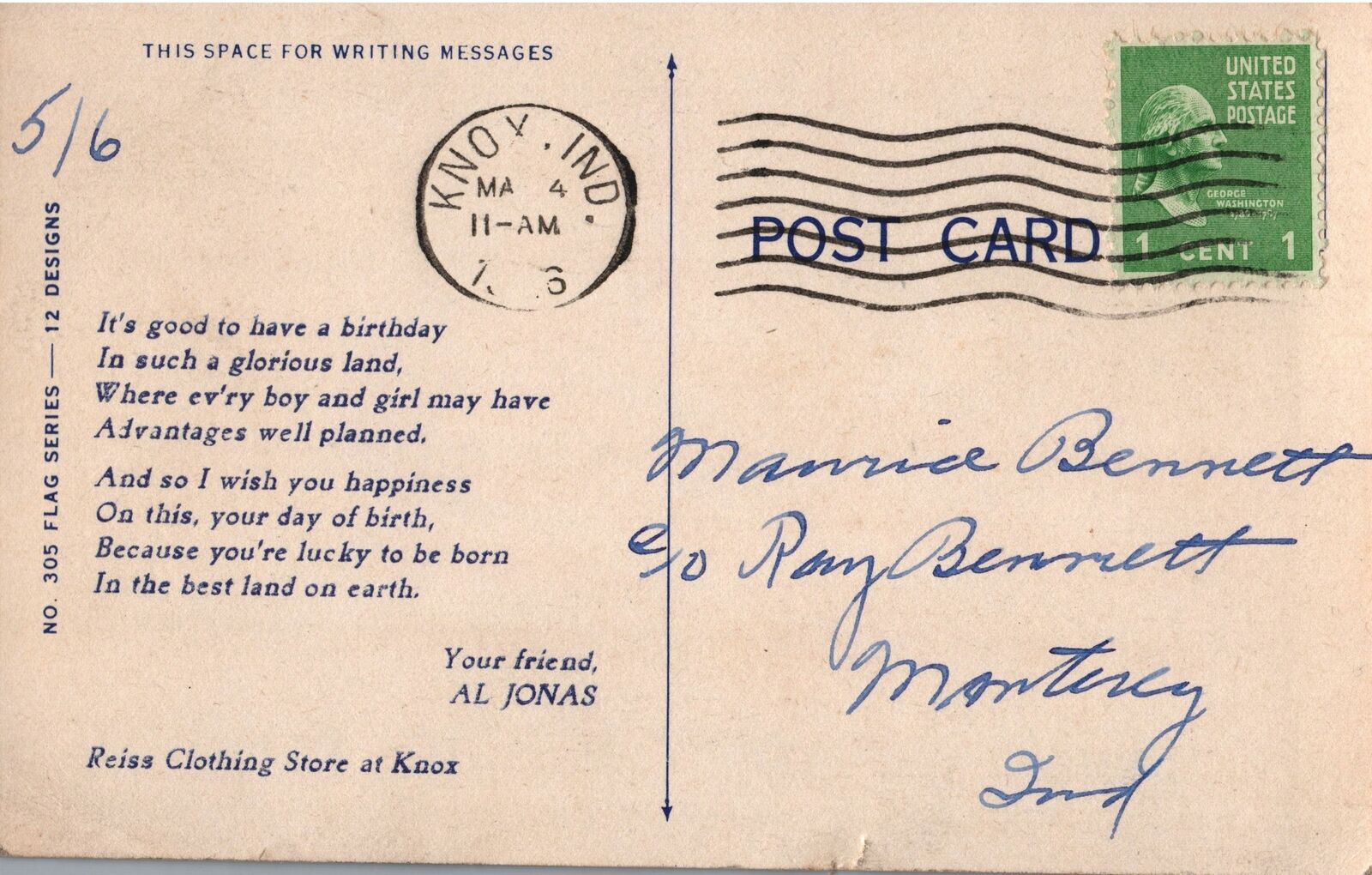 Vintage Postcard Reiss Clothing Store Birthday Reminder Patriotic ...