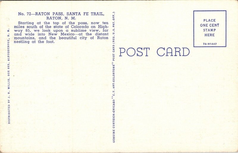 Raton Pass Santa Fe Trail New Mexico NM Linen Postcard VTG UNP Curteich ...