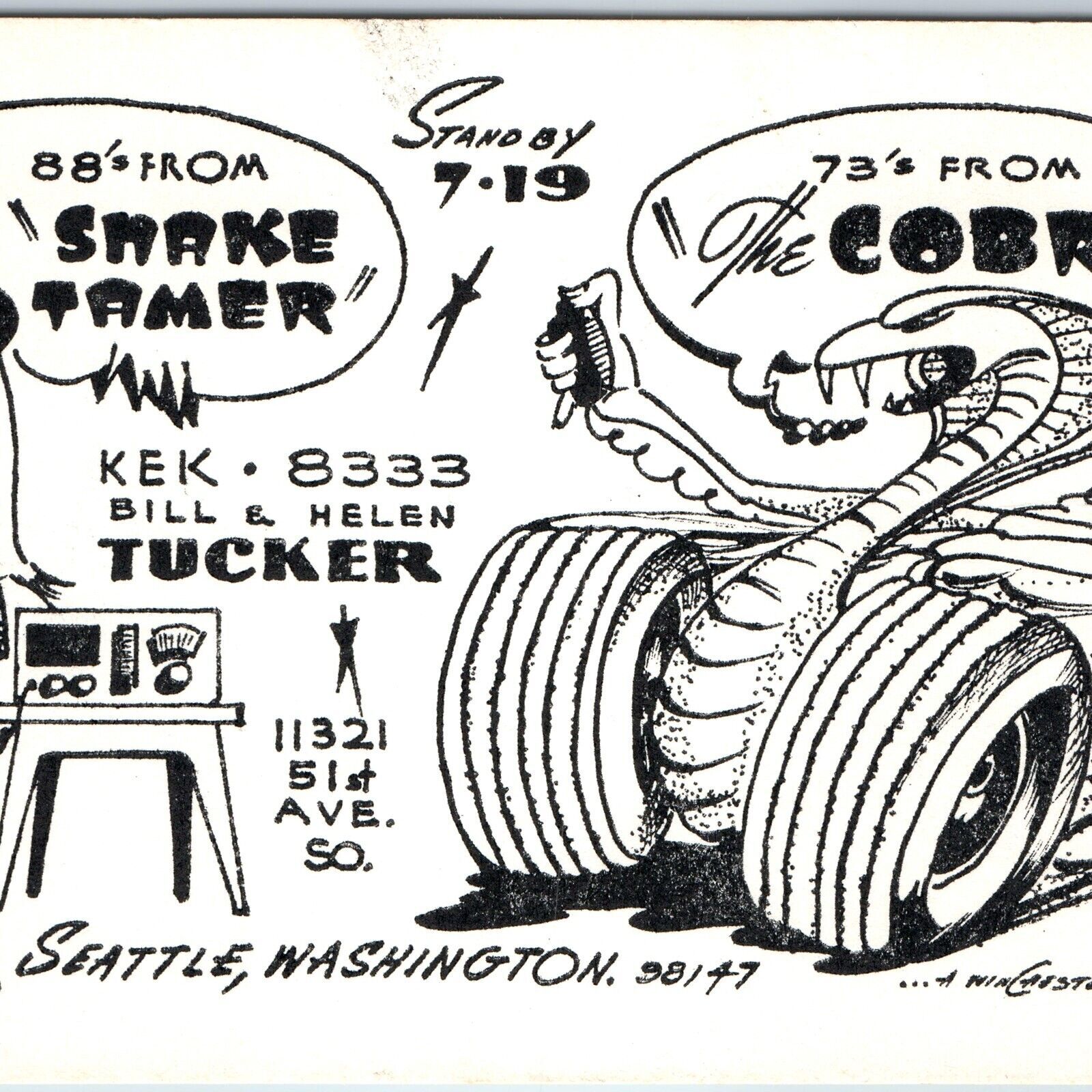 c1970s Seattle, WA Pin Up Girl Cobra Hot Rod Art QSL Radio Card Cute ...