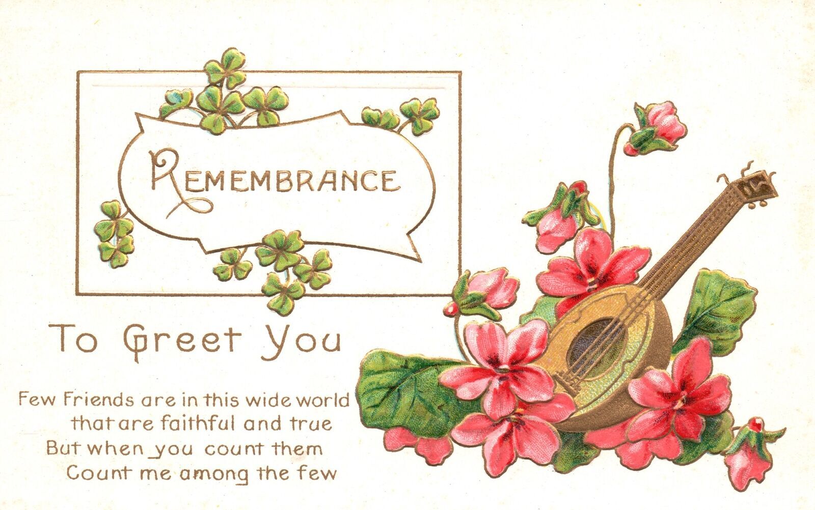 Vintage Postcard Remembrance To Greet You Flowers Violin Friendship ...