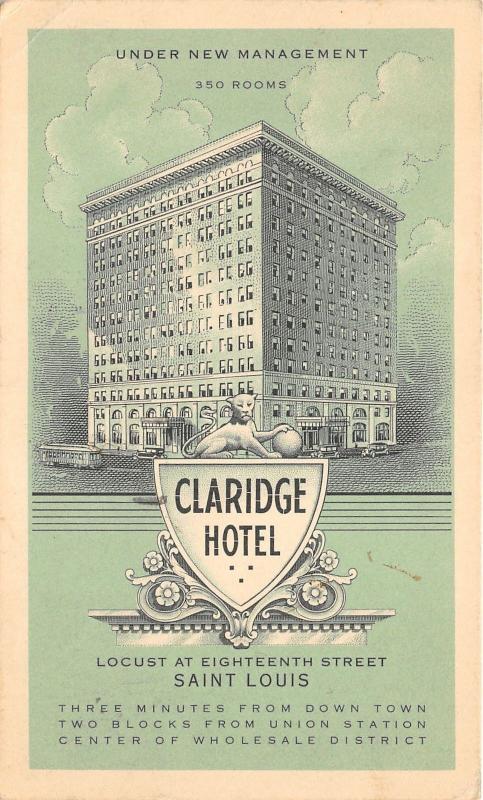 St Louis Missouri~Claridge Hotel~Note on Back~1941 Postcard | United ...