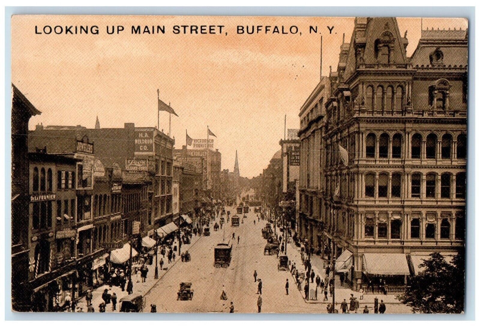 1914 Looking Up Main Street View Trolley Train Buffalo New York NY ...