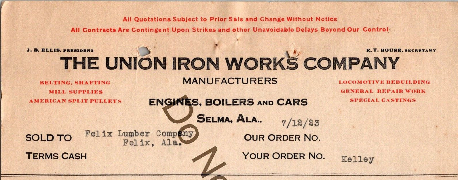 Vintage 1923 The Union Iron Works Company Manufacturers Engines SELMA ...