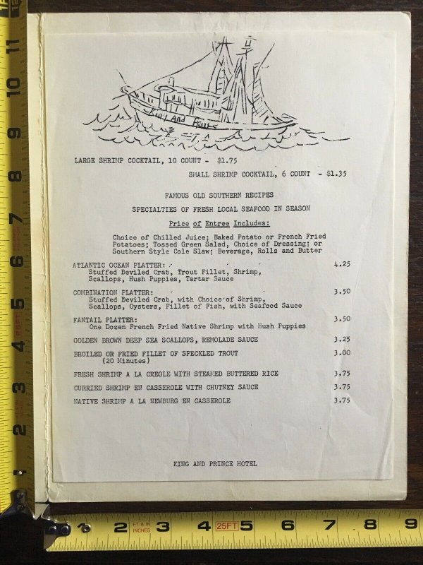 1960s 1970s King and Prince Hotel Menu Saint Simons Island Georgia with ...