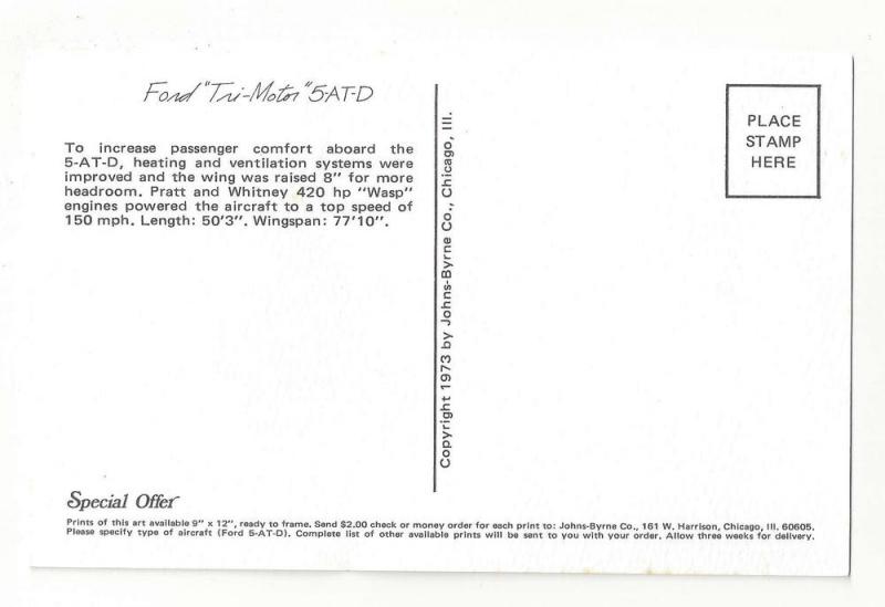 United Airlines Ford Tri-Motor 5-AT-D Roy Anderson Postcard w envelope ...