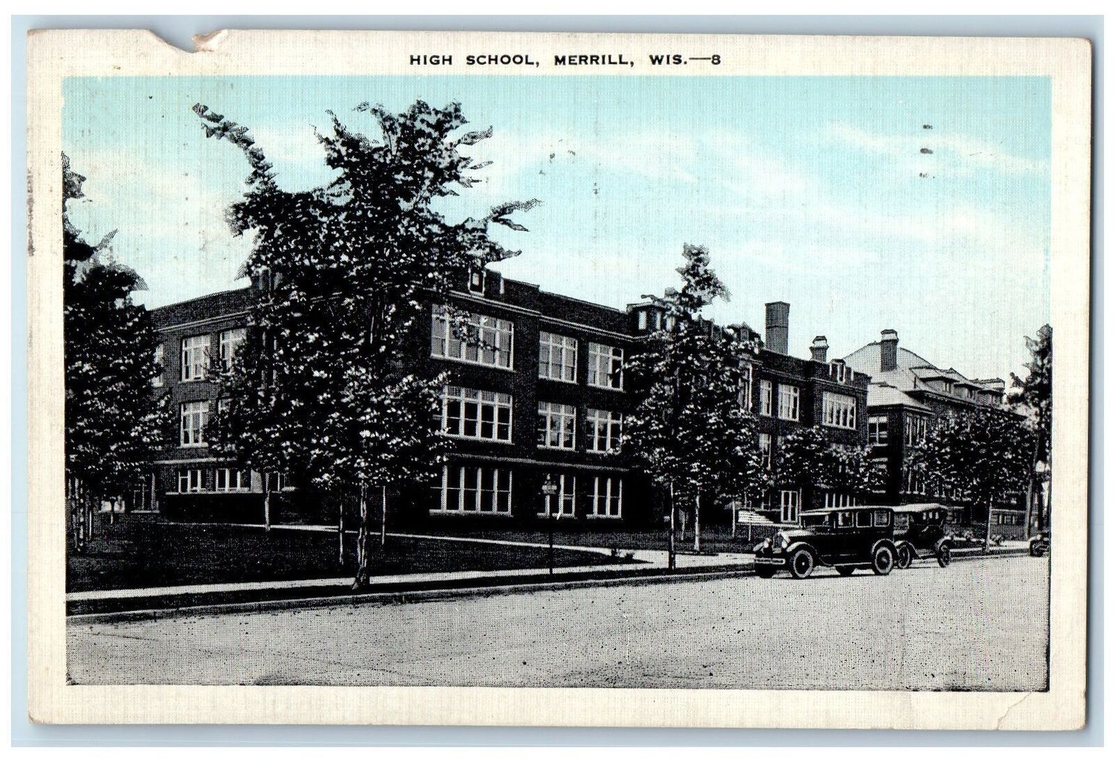 1940 High School Building Cars Exterior Scene Merrill Wisconsin WI ...